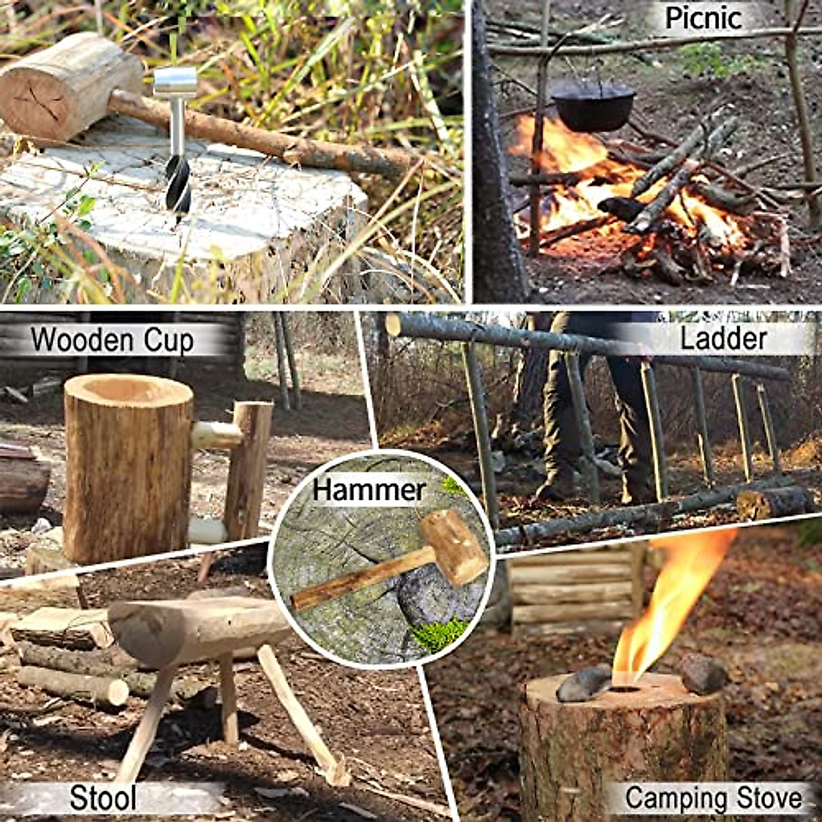 BIYIEE Survival Settlers Tool, Scotch Eye Wood Auger Drill Bit Stainless Steel Bushcraft Hand Auger Wrench for Camping, Manual Auger Outdoor Survival Tools, Survival Gear and Equipment, Brown