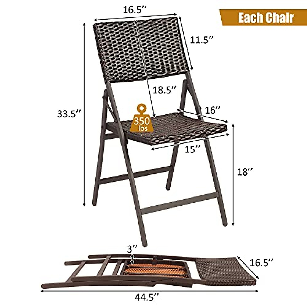 Tangkula 2 Pieces Patio Rattan Folding Dining Chairs, Outdoor Wicker Folding Chairs with Anti-Rust Steel Frame, Portable Patio Furniture Bistro Chairs for Garden, Poolside and Backyard