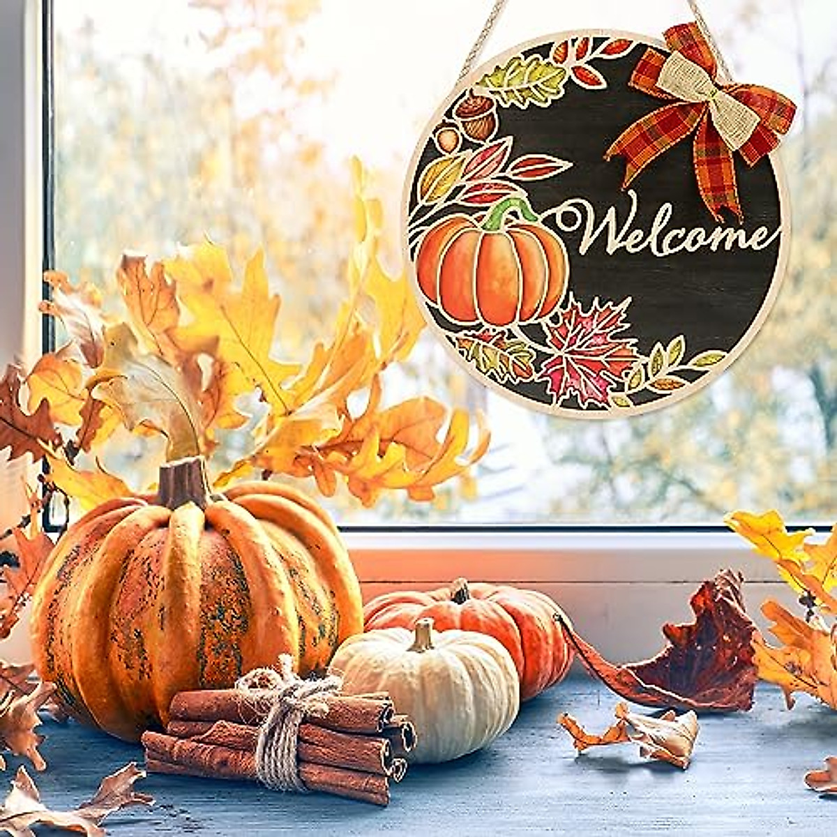 CHDITB Fall Decoration 3D Welcome Front Door Sign Home Decor(11.4”x11.4”), Pumpkin Welcome Sign with Maple Leaves Hazelnuts Plaid Bow, Thanksgiving Farmhouse Wreath for Front Door Porch Outdoor