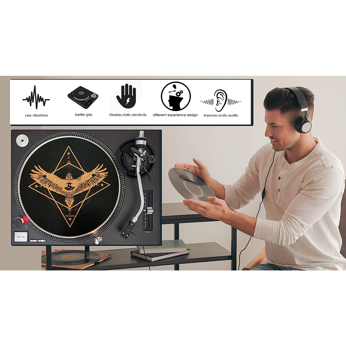 TazStudio Premium slipmat - Cork Turntable Mat [4mm Thick] for Better Sound Support on Vinyl LP Record Player - Cork mat Original Art Design - Psychedelic Geometric Eagle-m8