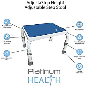 AdjustaStep Height Adjustable Step Stool- All Steel Construction, Anti-Slip Foot Pads and Platform. Bariatric Version Option. Modern White and Blue Finish.