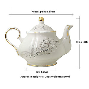 Jomop Ceramic Tea pot Floral Design White 855ml About 4 Cups (Gold)