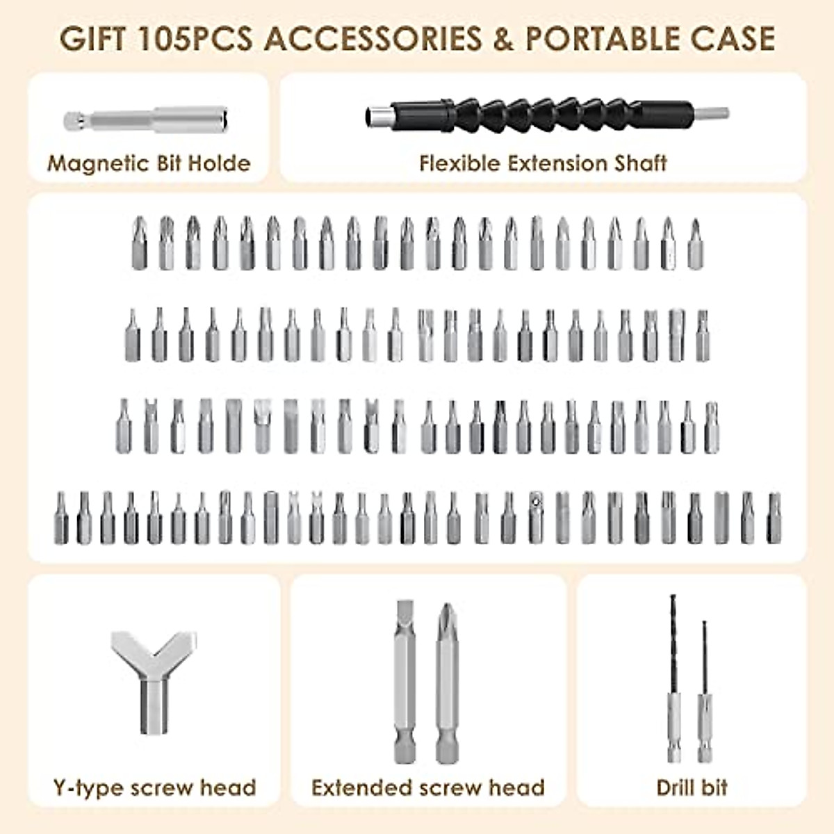ANBEISTEE Electric Screwdriver Set, Rechargeable Cordless Screwdriver Kit with 106 pcs Bit Set, Pivoting Handle, LED Light, Carrying Case, Suitable for home DIY, Repair Tool Kit