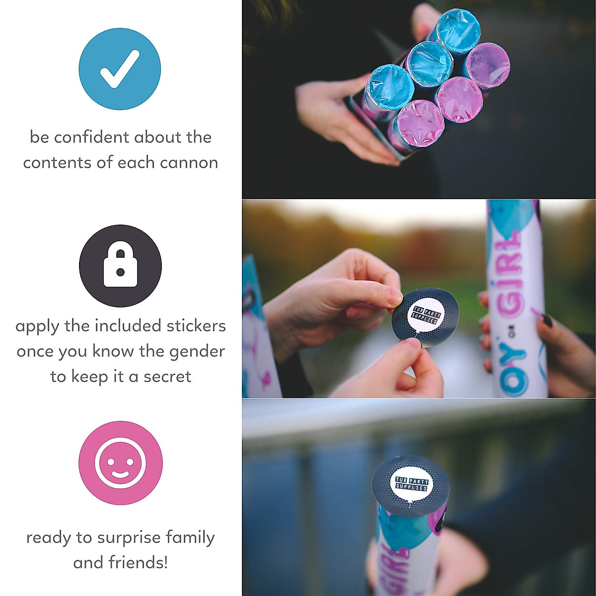 (3 Pink Confetti & 3 Blue Confetti) Baby Gender Reveal Confetti Cannon with Holi Powder | TUR Party Supplies | 12 inch Biodegradable Gender Reveal Cannons For Gender Reveal Decorations & Party