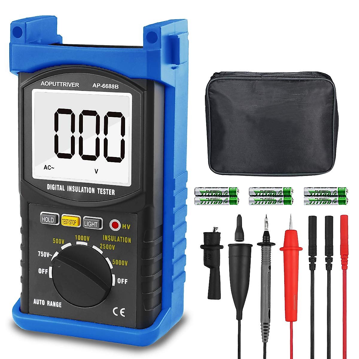 Digital Insulation Resistance Tester, AP-6688B Auto Range Megohmmeter 1999 Counts LCD Display 500/1000/2500/5000V Voltage,1MΩ~200GΩ Resistance Testing with Data Hold Backlit for Motor Cables Switches
