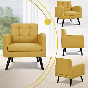 Yaheetech Mid-Century Accent Chairs, Modern Upholstered Living Room Chair, Cozy Armchair Button Tufted Back and Wood Legs for Bedroom/Office/Cafe, Set of 2, Yellow