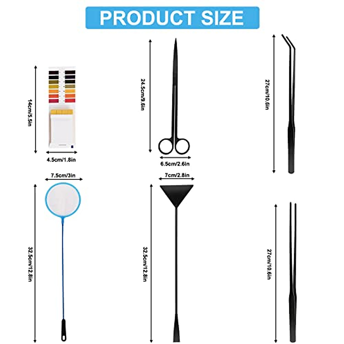 HOTOOLME 6 in 1 Aquarium Aquascape Tools, Long Stainless Steel Aquatic Plant Tweezers Scissors Scrapers Set for Fish Tank Starter Kit, Aquarium Cleaning Kit with PH Paper Fish Net Bag (Black)