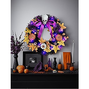Halloween Skull Wreath,Halloween Wreaths with 20 LED Purple Lights, Skeleton Glitter Pumpkins Maple Leaf Terrifying Eyeball, Front Door Wreath for Indoor, Outdoor, Home, Party Decoration