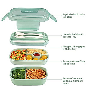 Caperci Stackable Bento Box Adult Lunch Box - 3 Layers All-in-One Lunch Containers with Multiple Compartments for Adults & Kids, 55 oz Large Capacity, Built-in Utensil Set & BPA Free (Green)