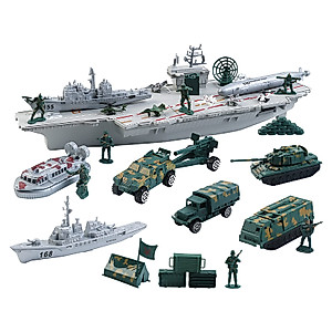 deAO Aircraft Carrier Toy with Scale Model Warplanes Warships Military Vehicles Battleship Helicopter Planes Trucks Tank Army Men Toys for Kids Boys Girls 18 Inches