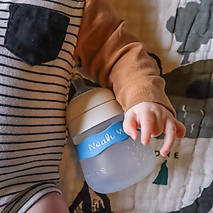 InchBug Orbit Labels - White Contrasting Personalization Silicone Baby Bottle & Sippy Cup Bands - Reusable, Dishwasher Safe, Engraved Name Labels for Daycare, 4-Pack (Nautical Navy)