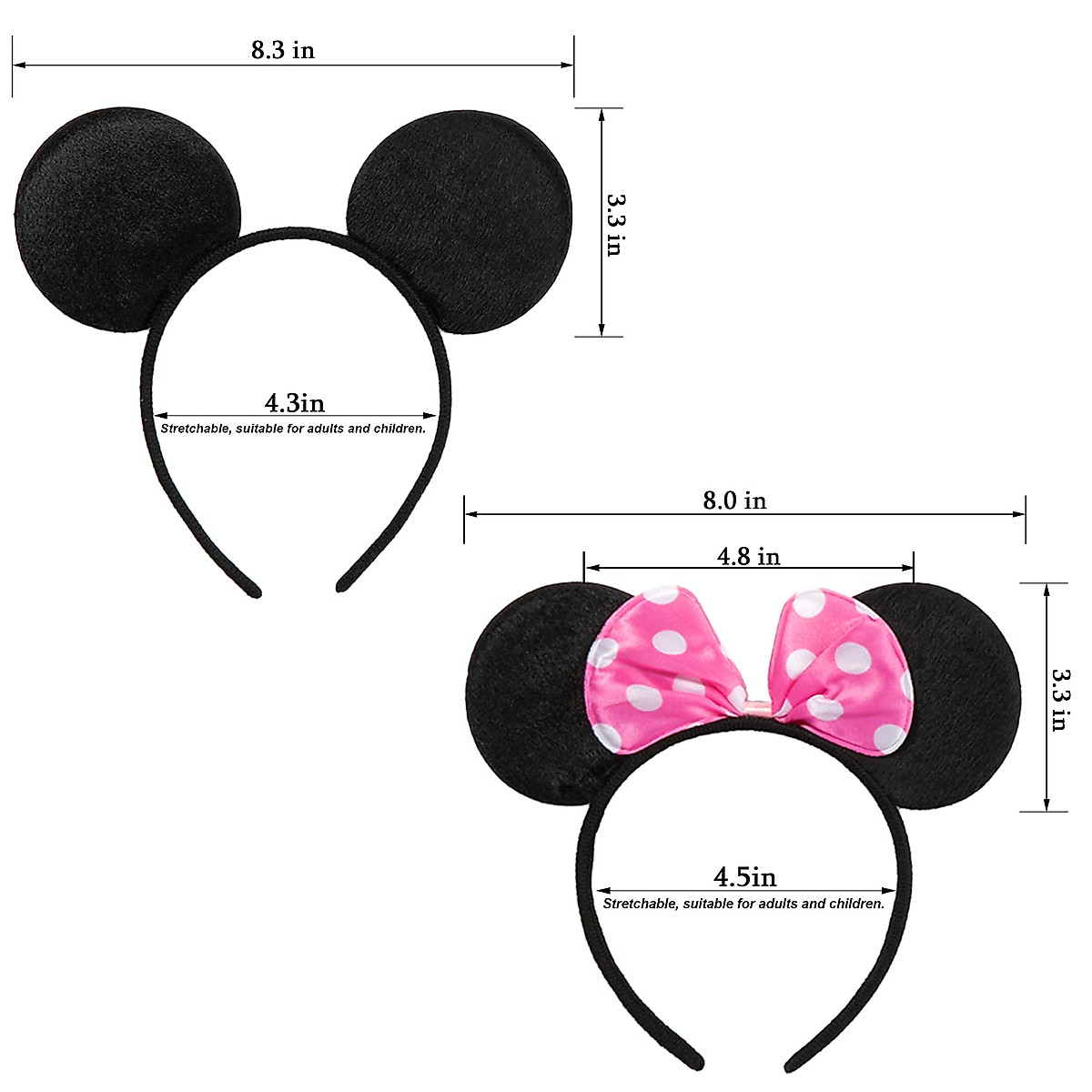 CHuangQi Mouse Ears Solid Black and Pink Bow Headband for Boys & Girls Birthday Party, Pack of 12