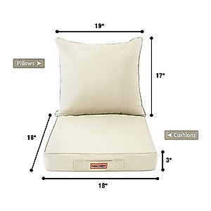 Faible Poisson Outdoor Chair Cushions, 18 x 18 Inch Waterproof Patio Furniture Back & Deep Seat Cushion Set with Handle and Anti-Slip Straps for Indoor Garden Camping, Plain Beige