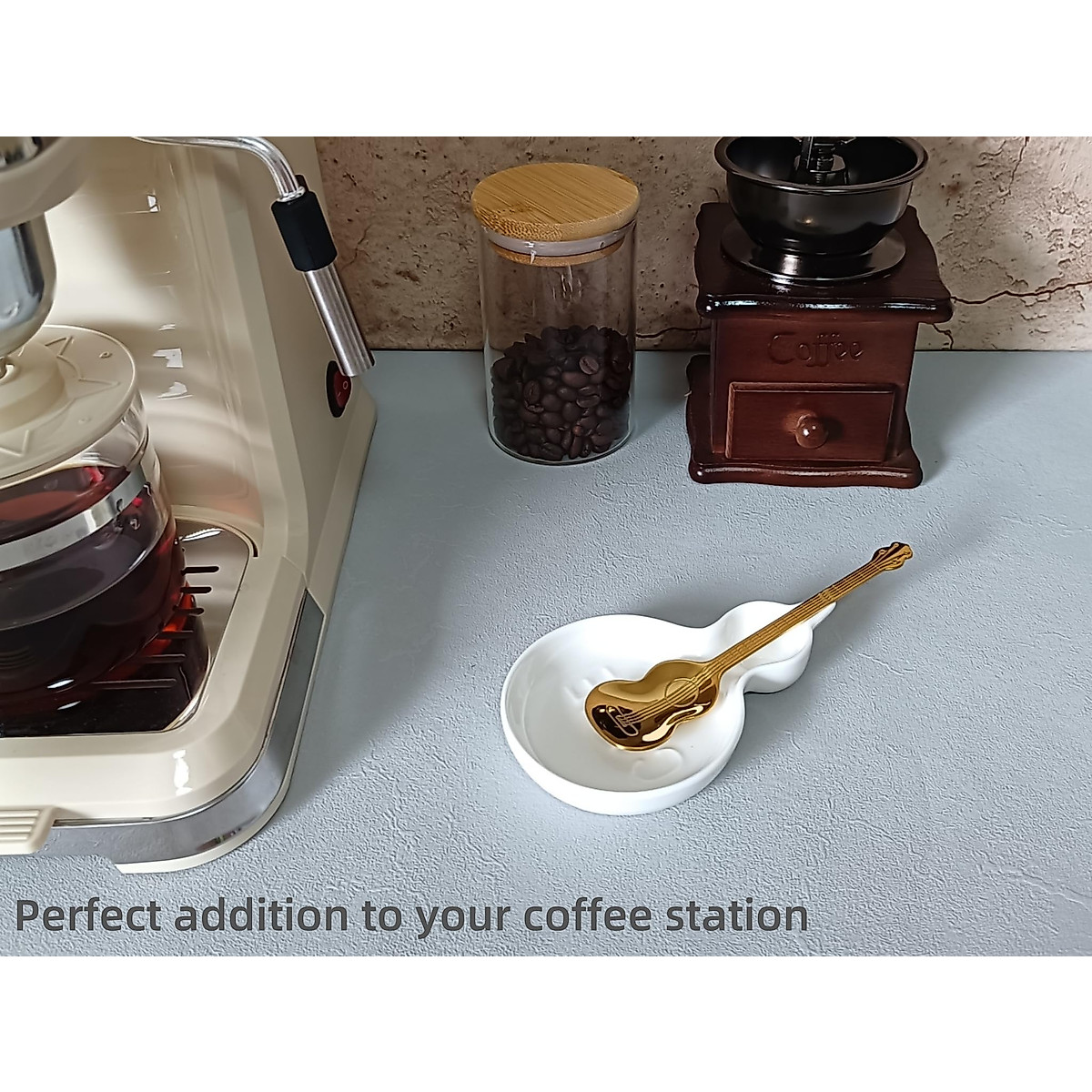 Coffee Spoon and Rest for Coffee Bar, Guitar Bag Small Spoon Rest for Coffee Station, Tea Spoon Rest Teaspoon Rest including Golden Guitar Spoon
