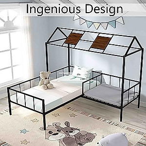 RIDFY Bed Frames with Seating Area, Modern Twin Platform Bed Frame with House Roof, Metal Bedframe, Camas Mattress Foundation/Noise Free/No Box Spring Needed/Easy Assemble