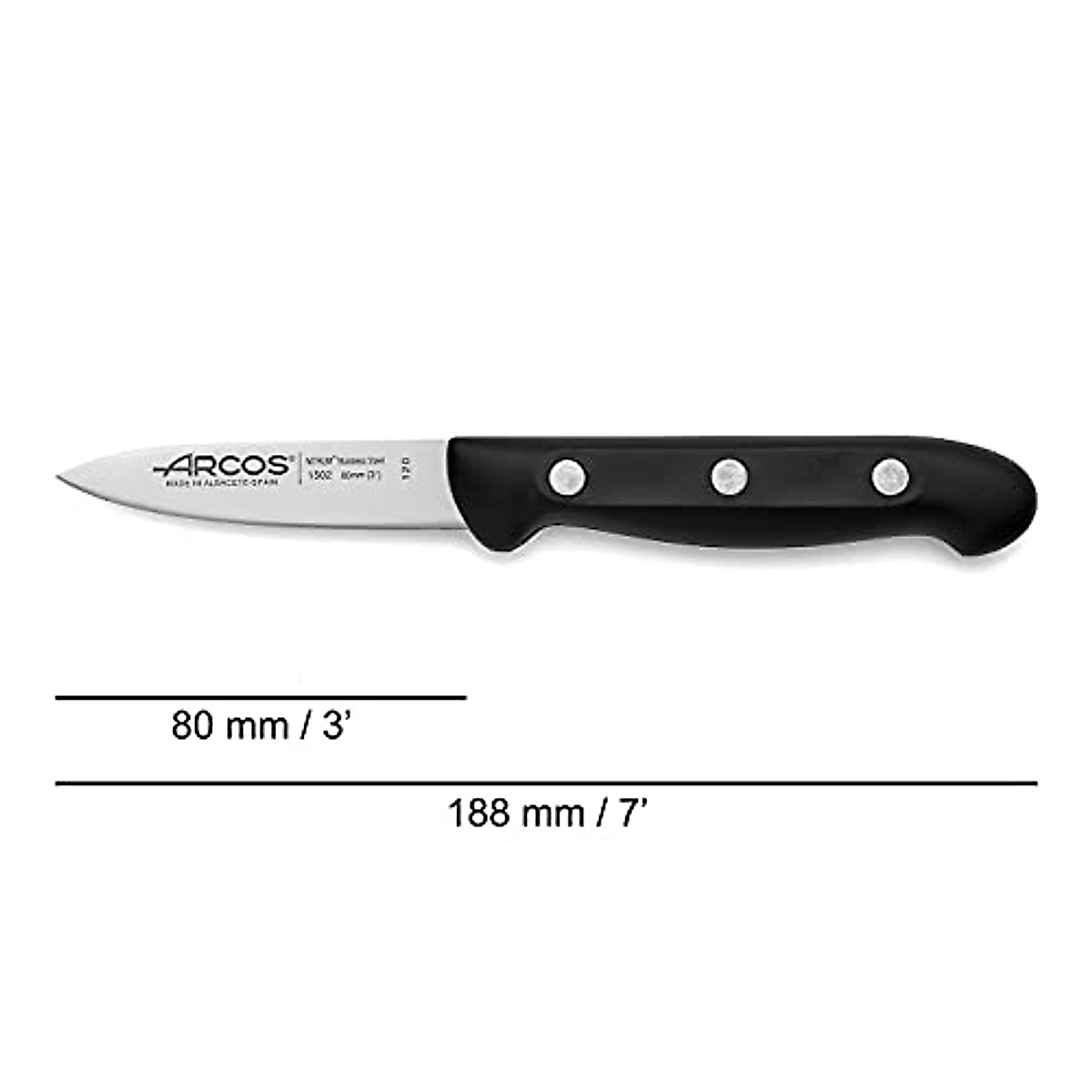 ARCOS Paring Knife 3 Inch Stainless Steel. Professional Kitchen Knife for Peeling Fruits and Vegetables. Ergonomic Polyoxymethylene Handle and 80mm Blade. Series Maitre. Color Black