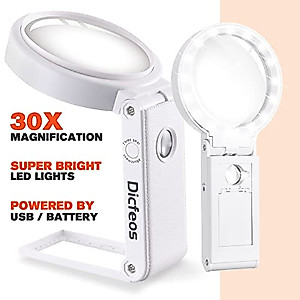 Dicfeos 30X 40X Magnifying Glass with Light and Stand, Folding Design 18 LED Illuminated Magnifying Glass for Close Work, Large Magnifying Glasses for Reading, Powered by Battery or USB(White)