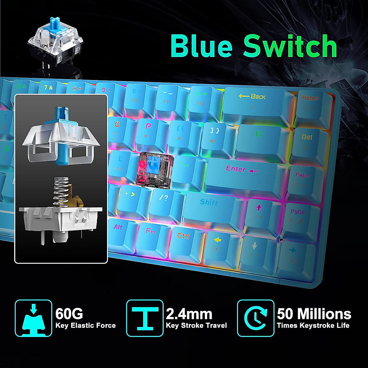 60 Percent Mechanical Gaming Keyboard Blue Switch Wired RGB 18 Backlit,Lightweight Gaming Mouse 6400 DPI,Mousepad,Wirst Rest,RGB Stand for Gamers,Typists-Blue