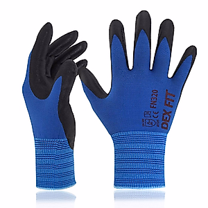 DEX FIT Premium Nylon Work Gloves FN320 - Firm Nitrile Grip, 3D-Comfort Stretchy Fit, Thin & Lightweight, Protective & Durable, Breathable, Machine Washable; Blue 9 (L) 3 Pairs