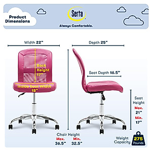 Serta Essential Armless Desk Chair Small TaskChair with Wheels, Breathable Mesh Back, SertaQuality Foam Cushion Seat for Comfort, Functional, Lightweight and Versatile, Task, Pink