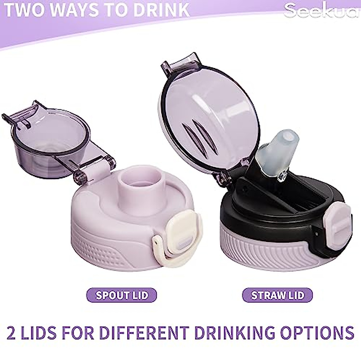 Seekua Large Tritan Water Bottle with Straw & Time Marker, Motivational Half Gallon Daily Drinking Water Bottle with Strap Big Water Jug for Sports, Gym, Fitness, Travel, 2 Lids, 64 oz