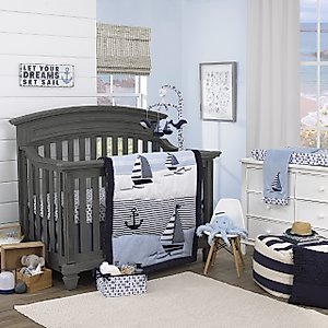 Nautica Nautical Adventure Blue & White Sailboat, Anchor, Waves, & Stripes 4Piece Nursery Crib Bedding Set - Comforter, 100% Cotton Fitted Crib Sheet, Crib Skirt, & Storage, Navy, Light Blue, White,