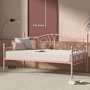VECELO Metal Daybed Frame Multifunctional Platform Bed Sofa Mattress Foundation with Deluxe Headboard, Twin, Pink