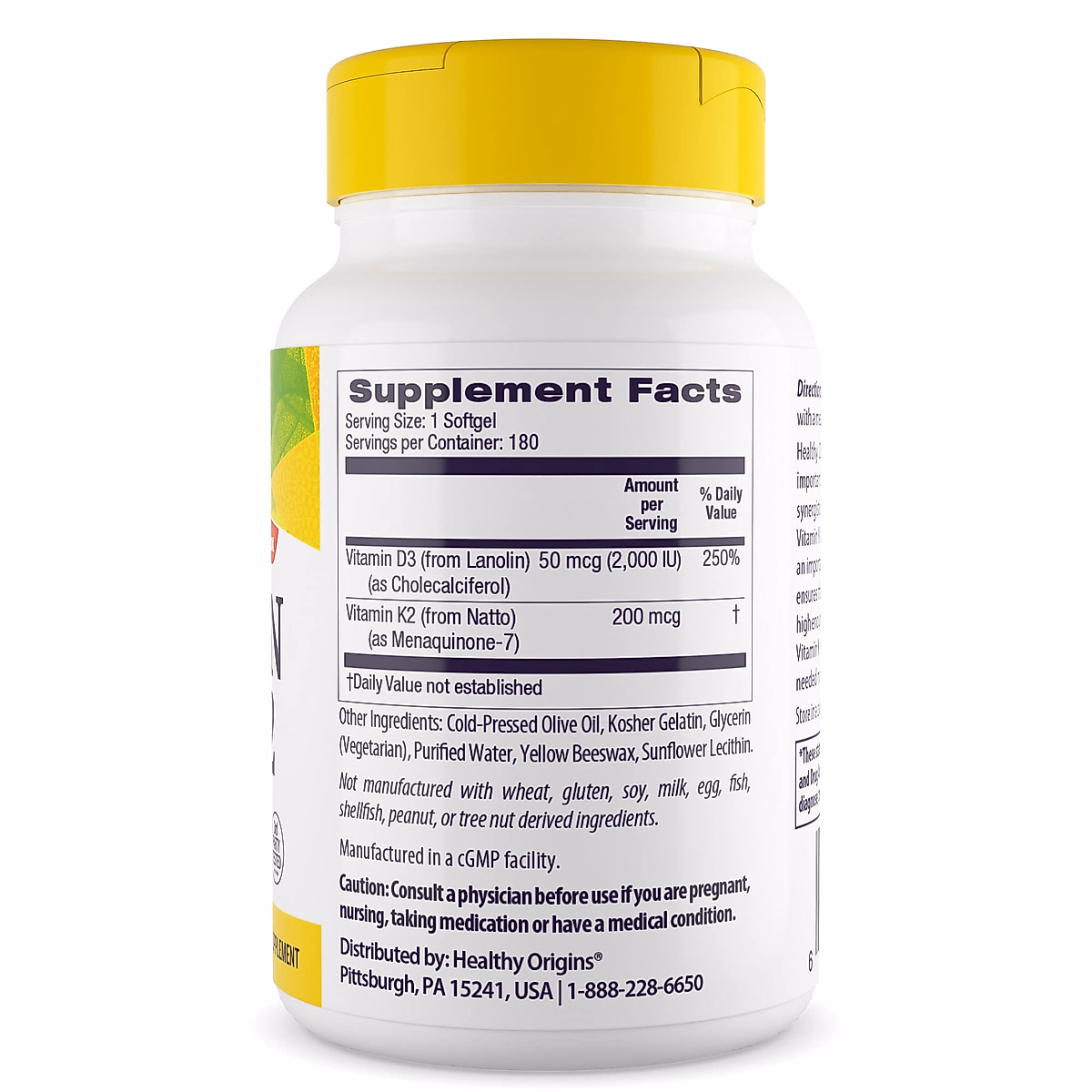 Healthy Origins Vitamin D3 & K2 - Vitamin D3, 50 mcg - Vitamin K2, 200 mcg - Easily Absorbable Vitamin D & Vitamin K Supplements - Non-GMO & Gluten-Free Supplements - 180 Softgels