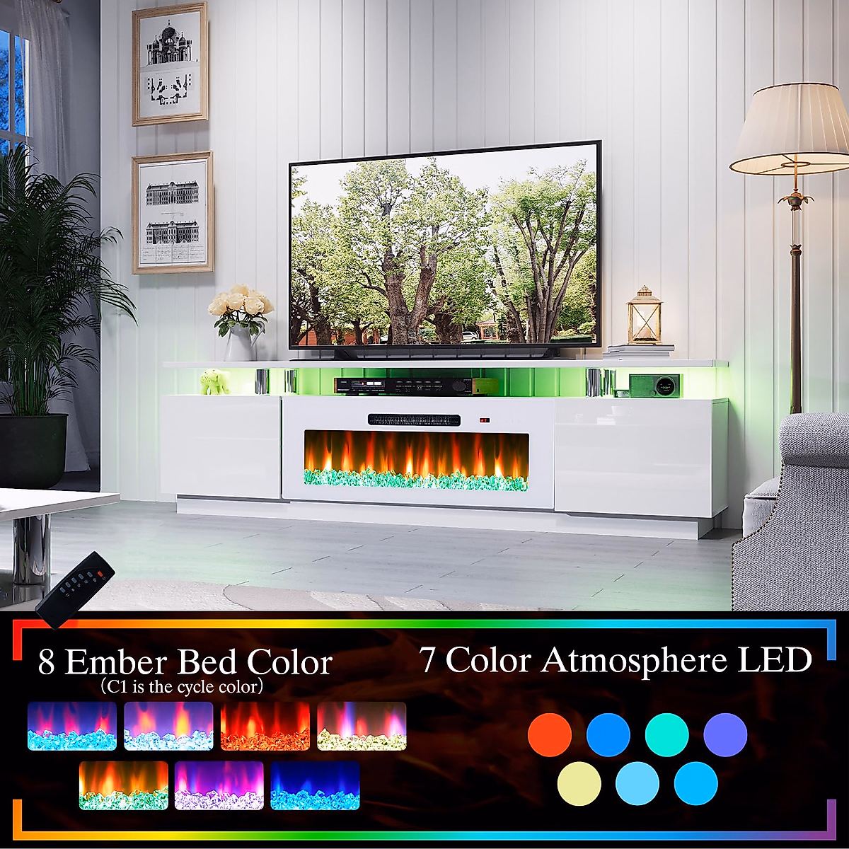 AMERLIFE Fireplace TV Stand with 40" Fireplace, 80" Modern High Gloss Fireplace Entertainment Center LED Lights, 2 Tier TV Console Cabinet for TVs Up to 90", White & White