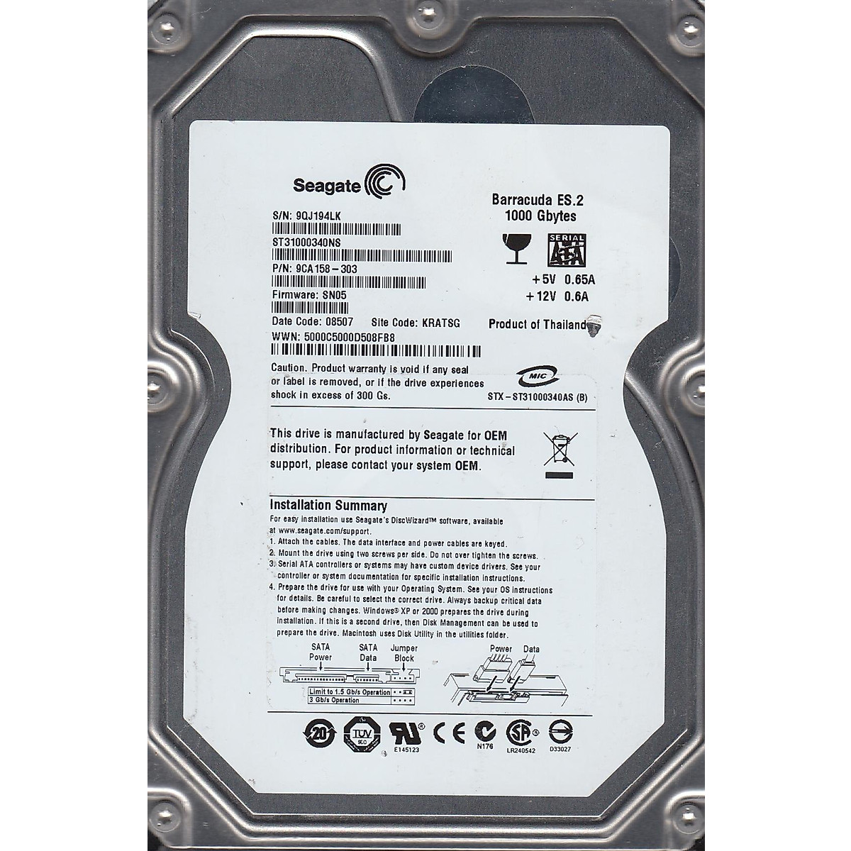 Seagate Barracuda ES 1 TB 7200RPM SATA 3Gb/s 32 MB Cache 3.5 Inch Internal Hard Drive ST31000340NS-Bare Drive