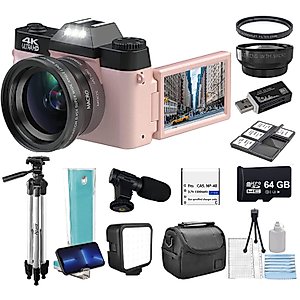 Acuvar 4K 48MP Digital Camera Kit for Photography, Vlogging Camera for YouTube with Flip Screen, WiFi, Wide Angle & Macro Lens, 64GB Micro SD Card, 50" Tripod, Case, Card Reader, Microphone, LED Pink
