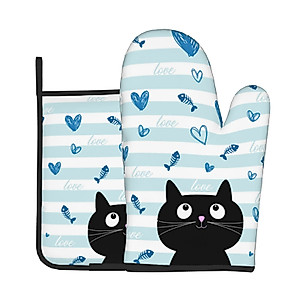 Cat Oven Mitts and Pot Holder, Cat Heat Resistant Gloves Hot Pads for Kitchen Cooking Baking Grilling Barbecue Cotton Oven Mitts