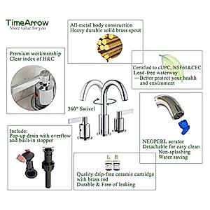 TimeArrow Chrome 2 Handle Widespread Bathroom Sink Faucet 3 Holes with Pop-Up Drain, High Arc Modern 8 Inch Bathroom Vanity Lavatory Faucet with Brass 360° Swivel Spout, TAF830C-CP