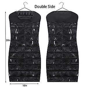 JSXD Hanging Jewelry Organizer,Dress-like Double Side 84 Clear Pockets and 6 Hook Loops Storage for Holding Jewelries (Black)