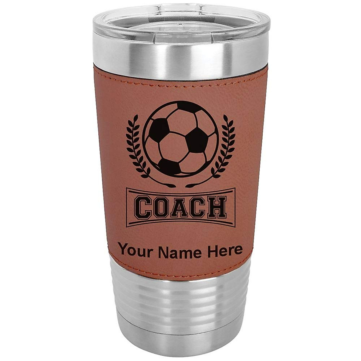 LaserGram 20oz Vacuum Insulated Tumbler Mug, Soccer Coach, Personalized Engraving Included (Faux Leather, Dark Brown)