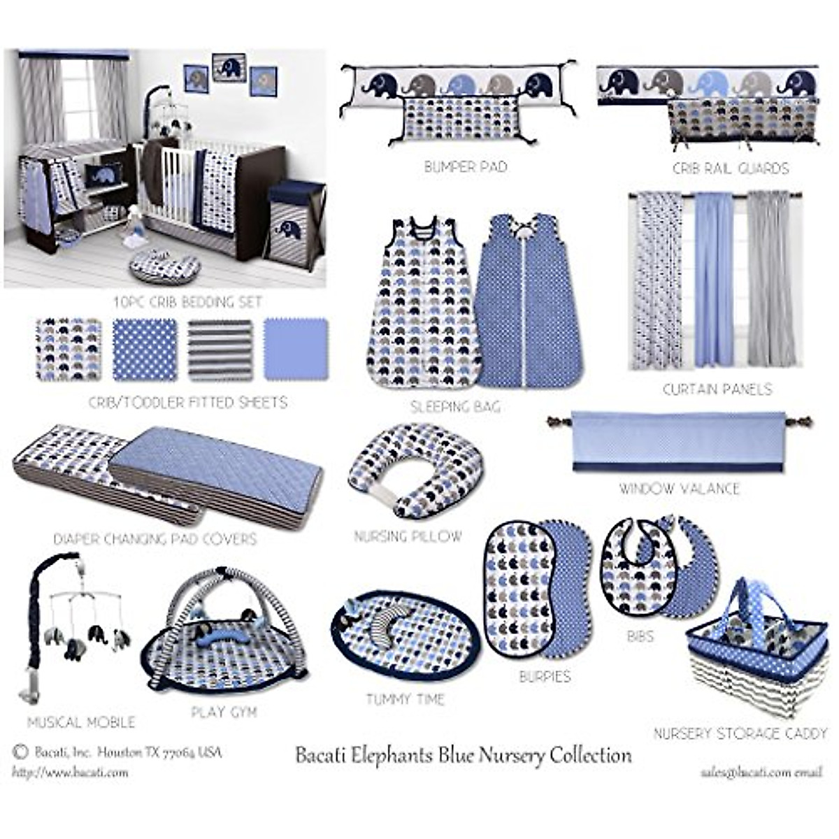 Bacati Collapsible Storage Hamper, Elephants, Blue/Grey, One Size