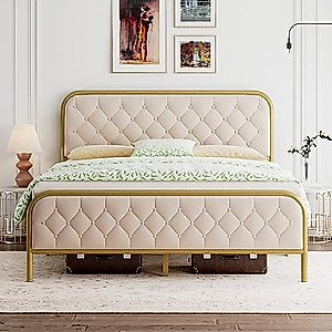 Feonase Full Bed Frame, Upholstered Platform Bed Frame with Diamond Velvet Tufted Headboard, Heavy Duty Metal Slats, 12" Storage Space, No Box Spring Needed, Easy Assembly, Noise-Free, Gold