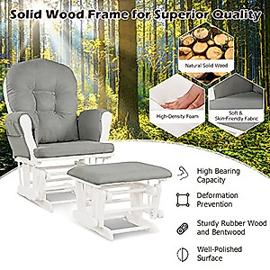 Costzon Glider and Ottoman Set, Wood Glider Rocker for Nursery, Upholstered Comfort Nursing Rocking Chair with Storage Pocket, Padded Armrests & Detachable Cushion, Easy to Assemble (Light Gray)