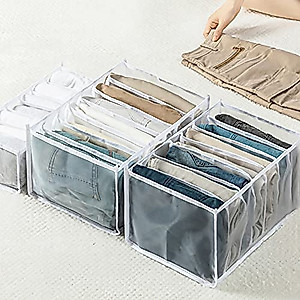 Set of 2 Pieces Wardrobe Clothes Organizer, Jeans Leggings Compartment Storage Box Closet, 7 Grids Folding Drawer For Clothing Mesh Separation , Transparent Divider For Stacking Pants Organizer (White)