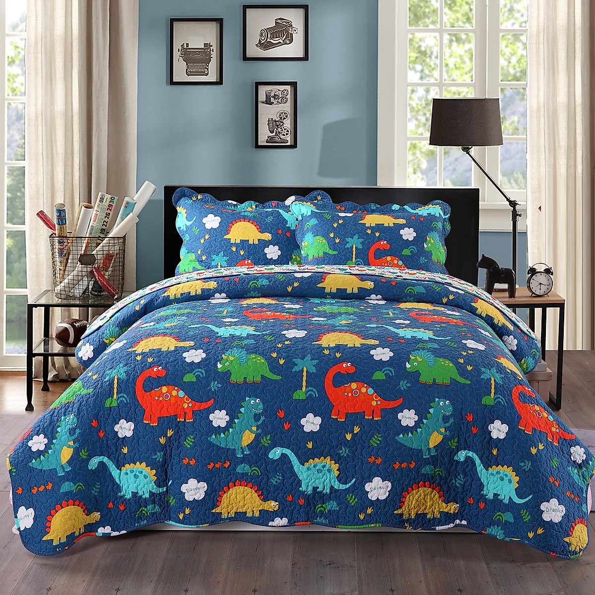 100% Cotton 2 Piece Kids Quilt Bedspread Comforter Set Throw Blanket for Teens Boys Girls Kids Beds Bedding Coverlet Dinosaur (Full)