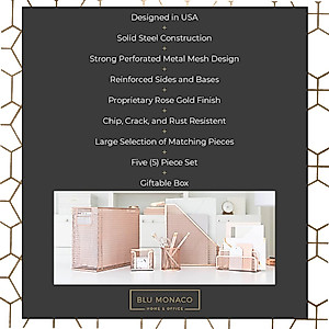 BLU MONACO 5 Piece Cute Office Supplies Rose Gold Desk Organizer Set - with Desktop Hanging File Organizer, Magazine Holder, Pen Cup, Sticky Note Holder, Letter sorter - Rose Gold Desk Accessories