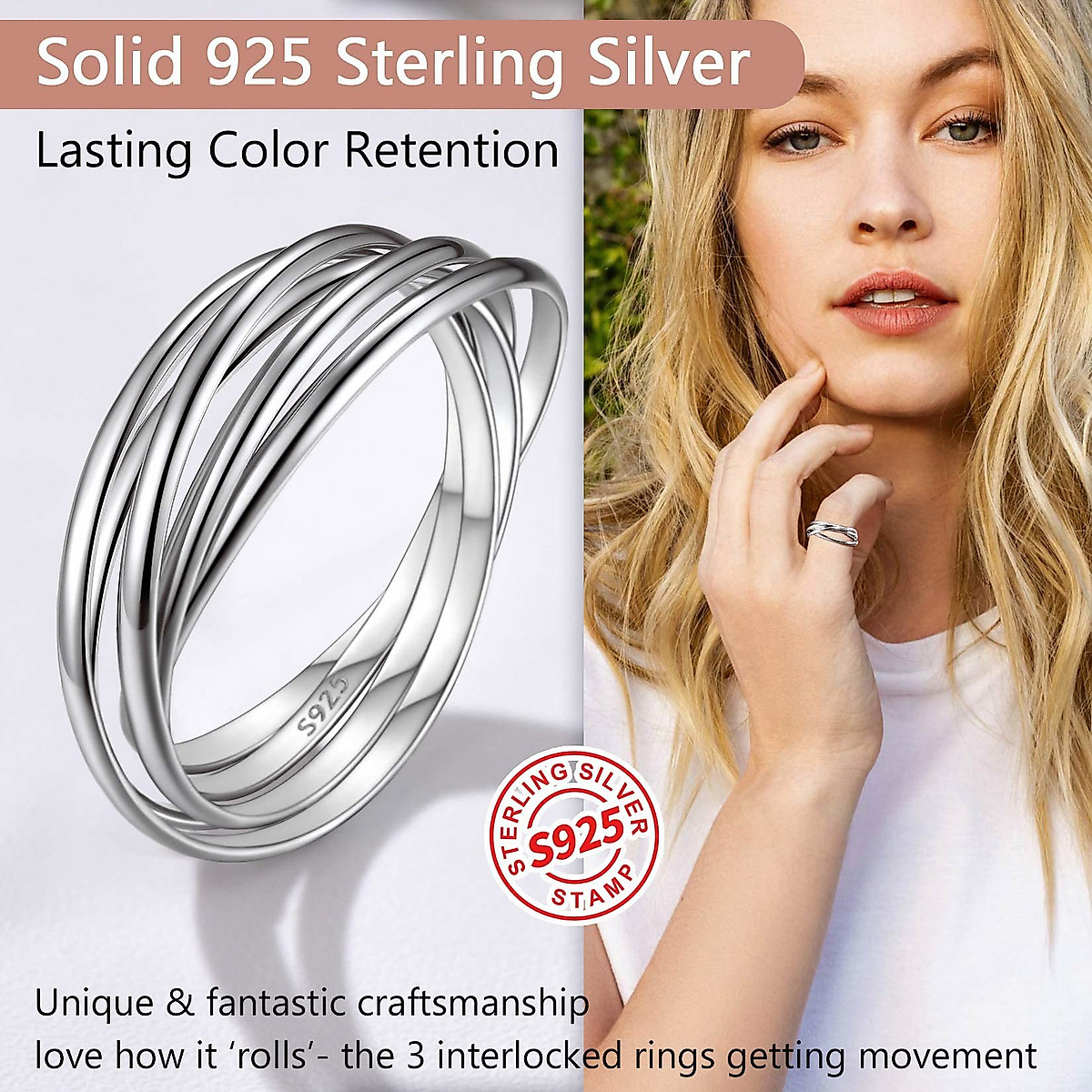 ChainsProMax Silver Rolling Ring Size 8 Interlocked Anxiety Ring Cute Stackable Knuckle Rings for Women Sterling Silver