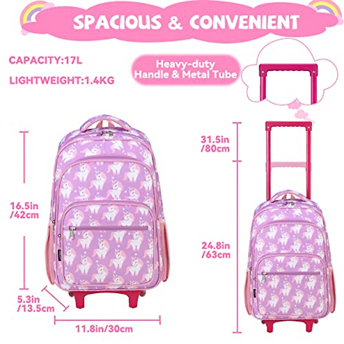 VASCHY Rolling Backpack Kids, 17in Water Resistant Large Schoolbag Carry-on Travel Trip Bag with Wheels for Girls Unicorn