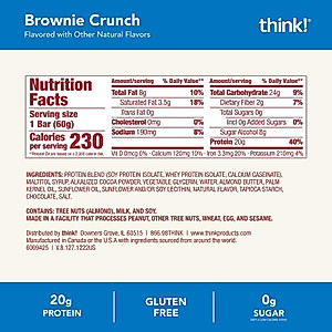 think! Protein Bars, High Protein Snacks, Gluten Free, Kosher Friendly, Brownie Crunch, Nutrition Bars, 2.1 Oz per Bar, 12 Count (Packaging May Vary)