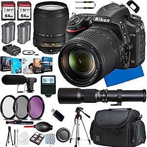 Nikon D750 DSLR Camera with 18-140mm Lens+The 500mm f/8.0 Telephoto preset Lens+Shot-Gun Microphone+Photo Software Package+ Case+128 GIG Memory+Slave Flash+Tripod(13PC) Bundle