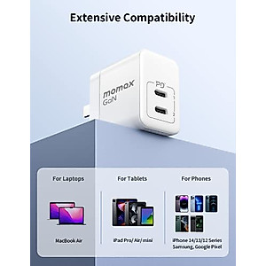 MOMAX GaN Charger, Dual Port 35W USB C GaN Charger with Foldable Plug, Compact GaN III PD 3.0 Charger, High Power Wall Charger for Laptops, MacBook, iPad Pro/Mini, iPhone 14/Max/Pro/Pro Max (White)