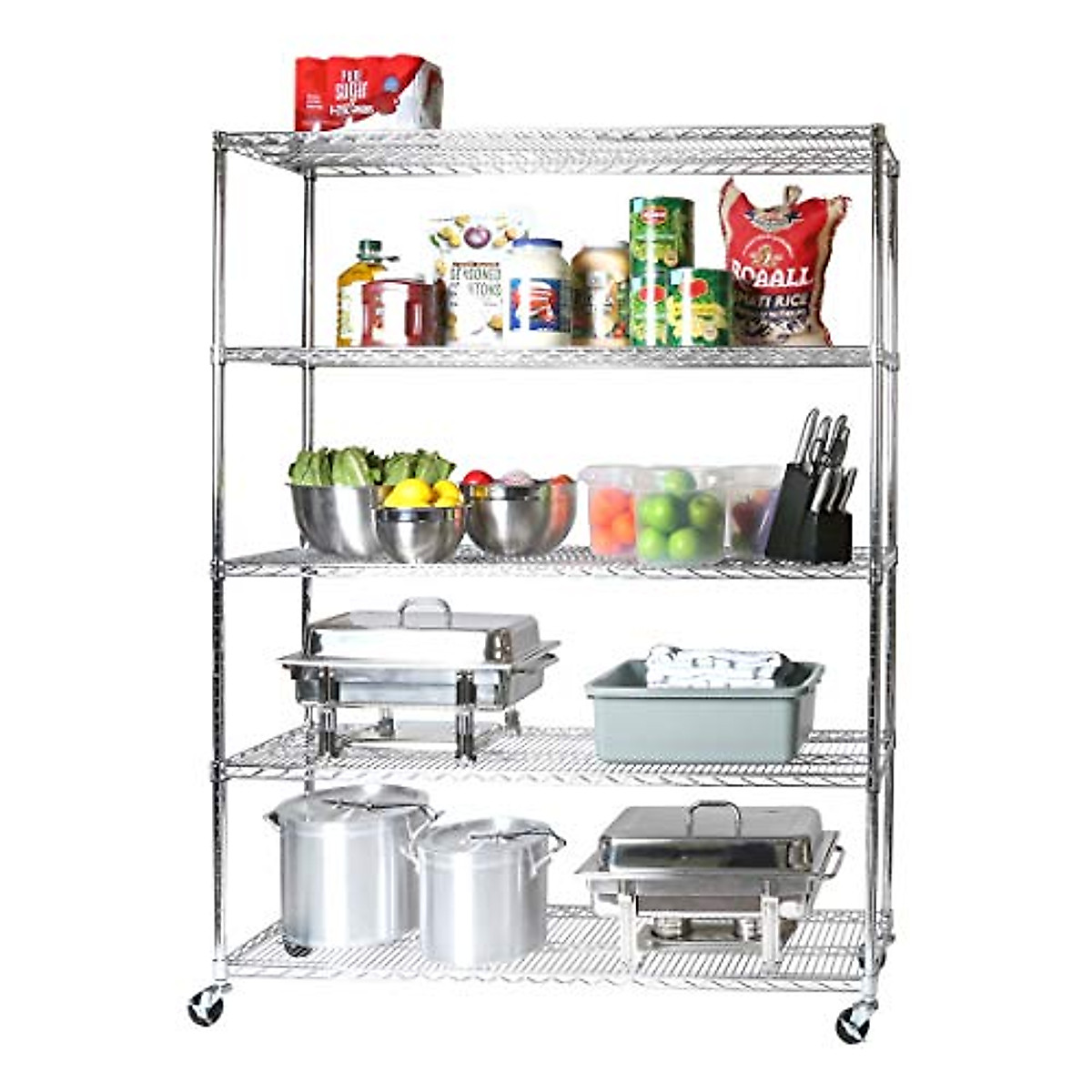 Seville Classics UltraDurable Commercial-Grade 5-Tier NSF-Certified Wire Shelving with Wheels, 60" W x 18" D, Plated Steel