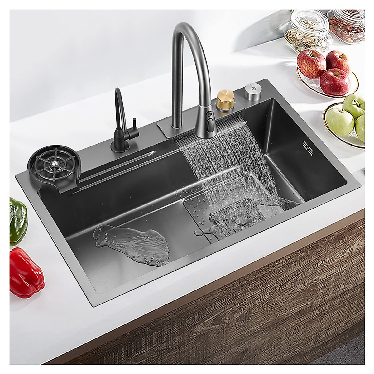 Black 304 Stainless Steel Kitchen Sink Nano Raindance Waterfall Countertop Sink Drop-in Or Undermount Utility Sinks for a Laundry Room Modern Bar Sink with Cup Washer Sinks and Pull-Out Faucet ( Size