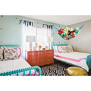 HOME4 Plush Animal Teddy Bear Hanging Storage Toys Hammock Net With Fun Poms Poms - Organize Small, Large, Giant Stuffed Toys Balls Great Gift for Boys, Girls Instead of Bins Chest (Blue)