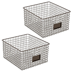 mDesign Wide Metal Farmhouse Storage Organizer Bin Baskets with Label Slot for Closet, Cabinet, Cupboard - Wire Organizing Basket Holds Clothing, Linens, Shoes, Omaha Collection, 2 Pack, Bronze